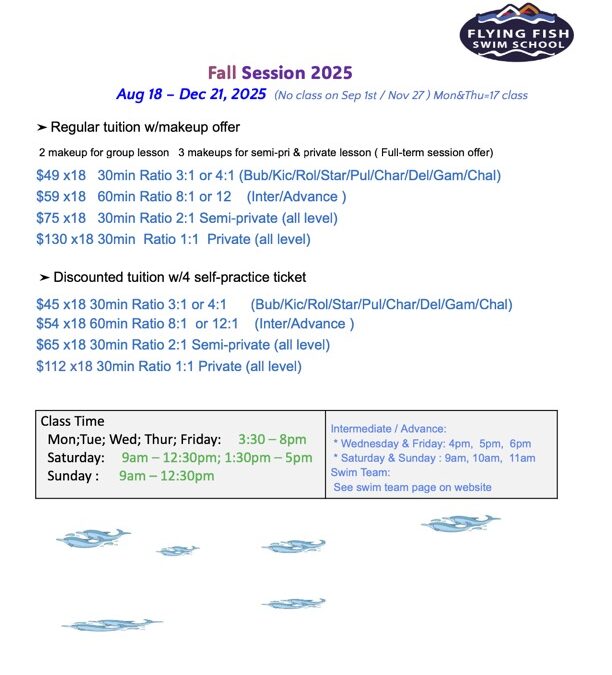 Fall Swim Lessons 2025 - Flying Fish Swim School
